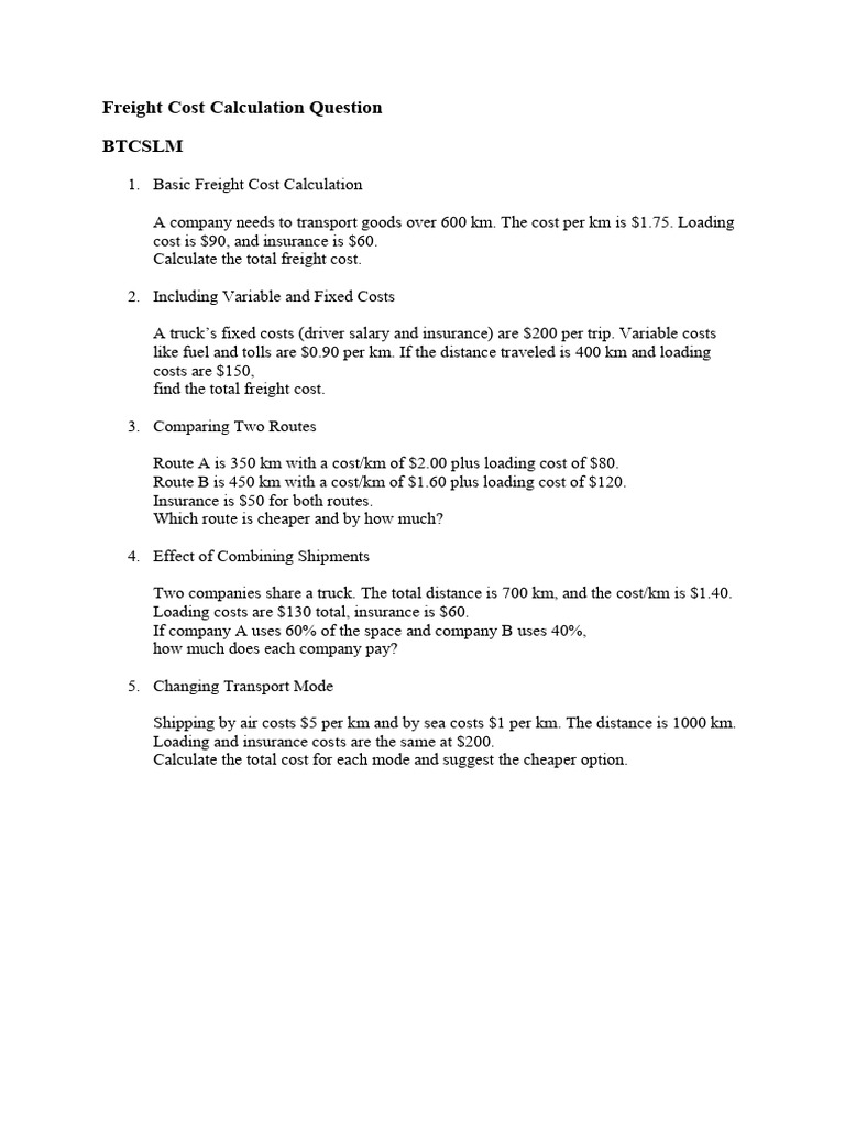 Freight Cost Calculation Question BTCSLM: A Truck's Fixed Costs (Driver ...
