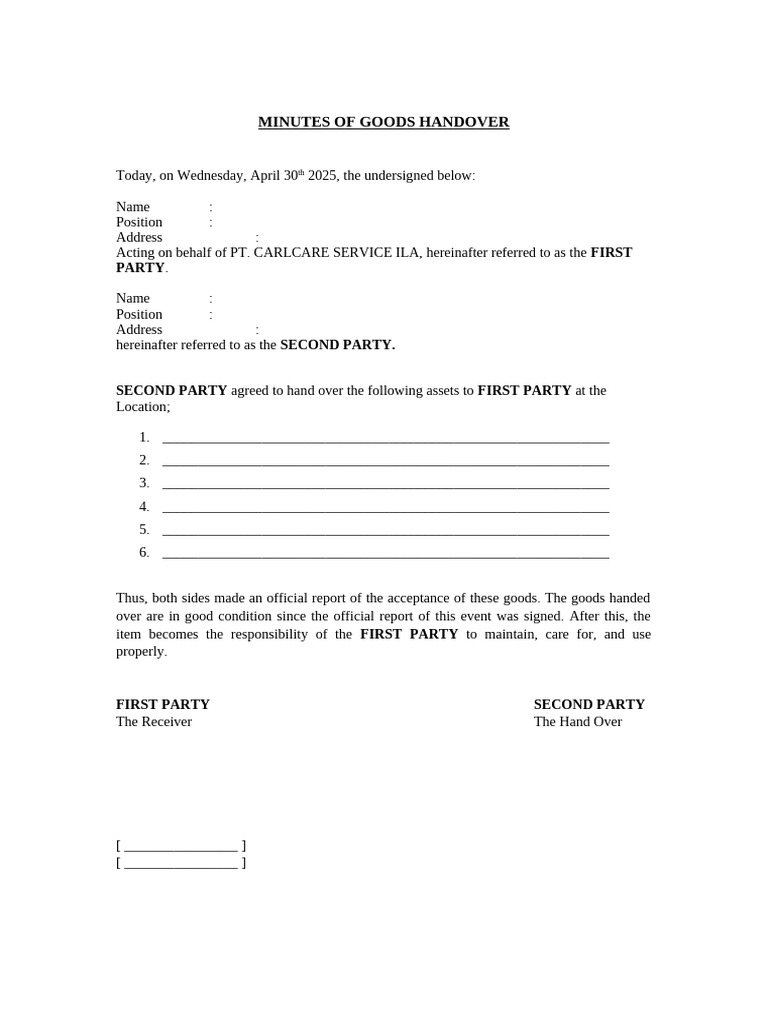 Minutes of Goods Handover | PDF