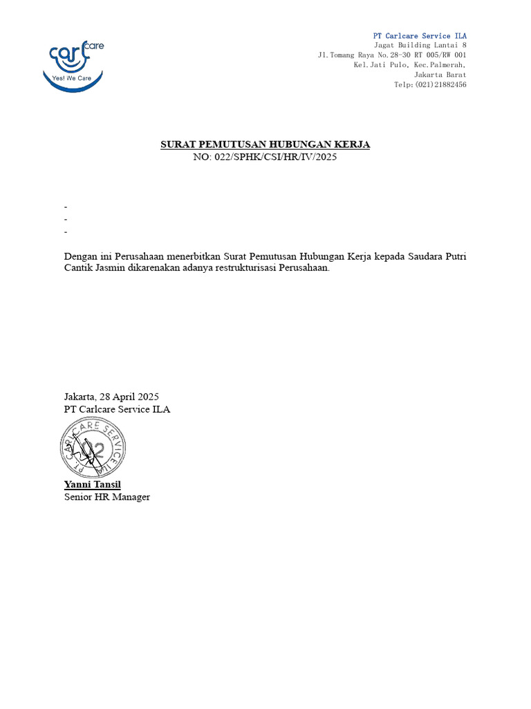 Surat Pemutusan Hubungan Kerja | PDF