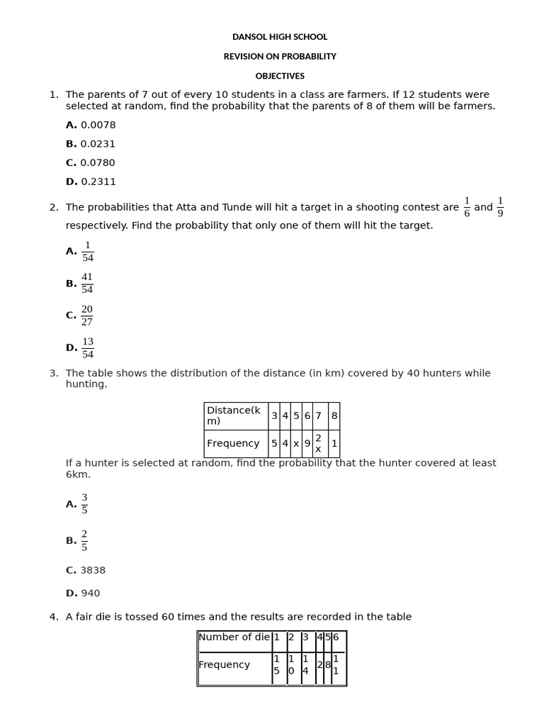 Revision On Probability | PDF | Odds | Probability
