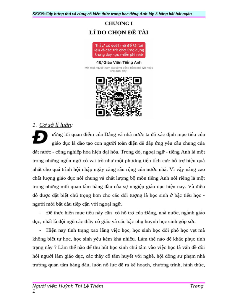 SKKN Cung Co Kien Thuc Bang Bai Hat Trong Tiet Hoctieng Anh Tieu Hoc | PDF
