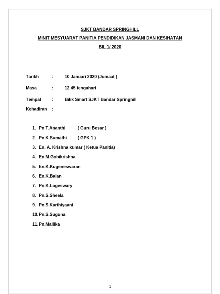 Minit Mesyuarat PJPK 1.2020 | PDF