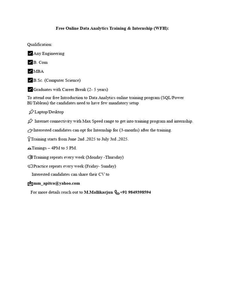 Free Online Data Analytics Training & Internship (WFH) | PDF