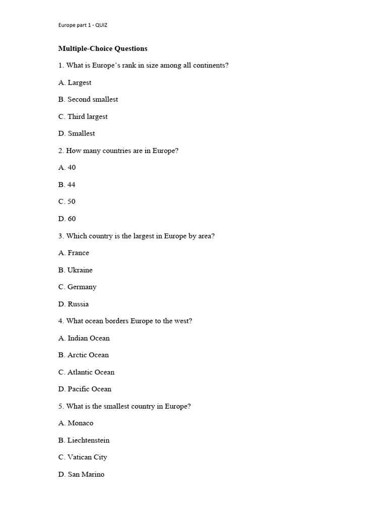 Europe Geography Quiz: Part 1 | PDF