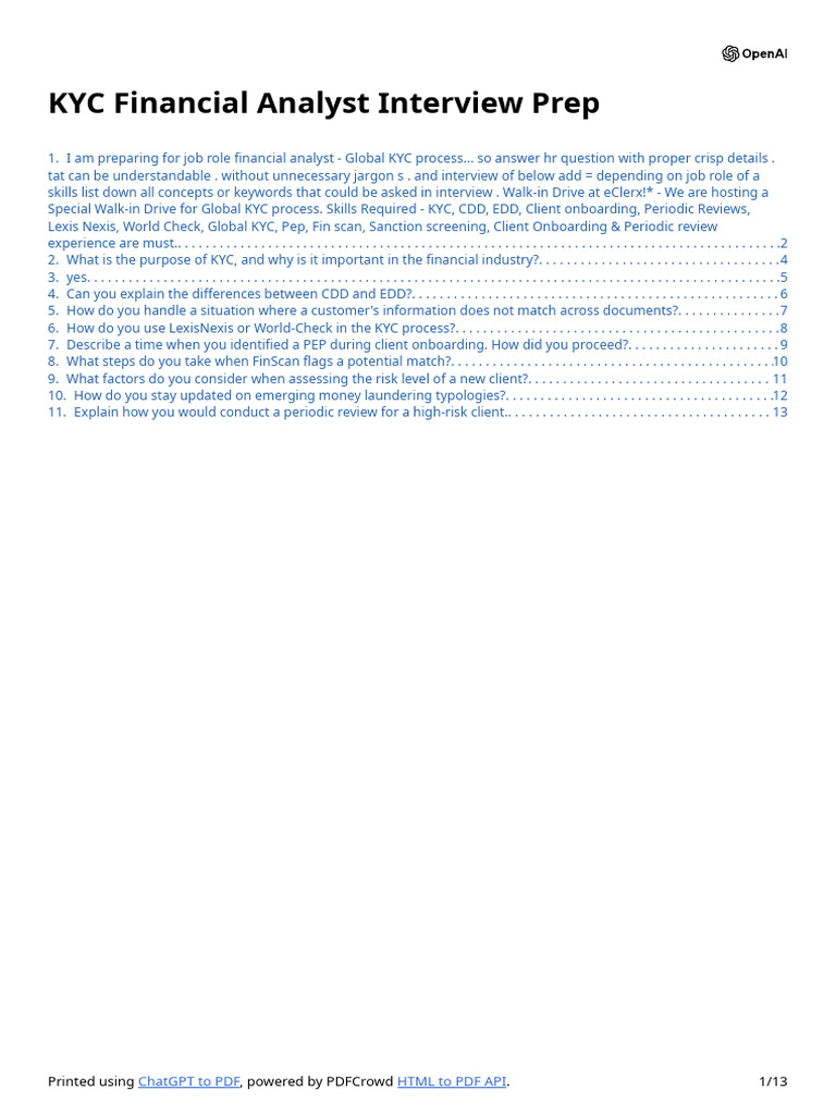 KYC Financial Analyst Interview Prep | PDF | Regulatory Compliance ...