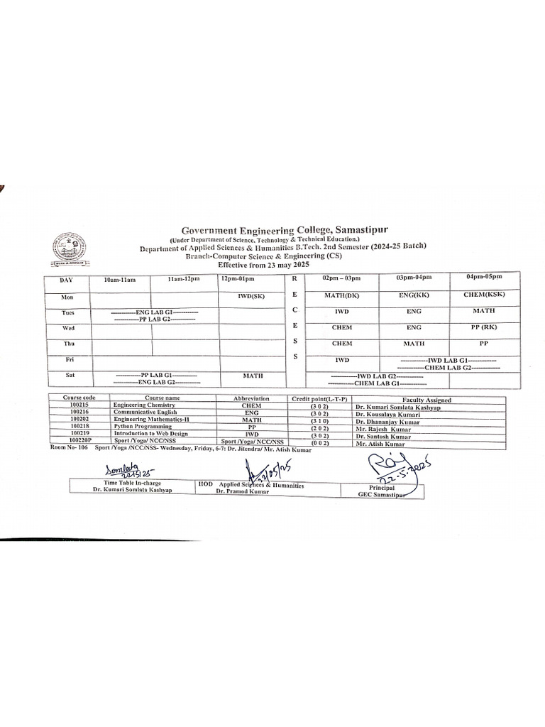 2nd Sem Time Table CS | PDF