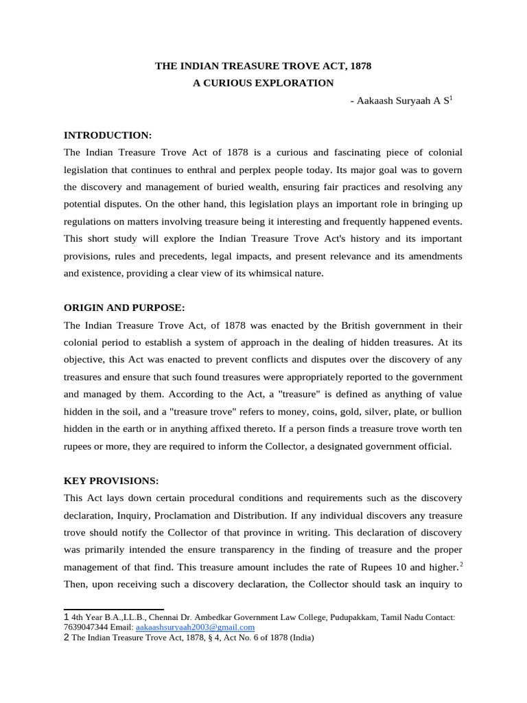 Aakaash Suryaah A S The Indian Treasure Trove Act, 1878 A Curious | PDF