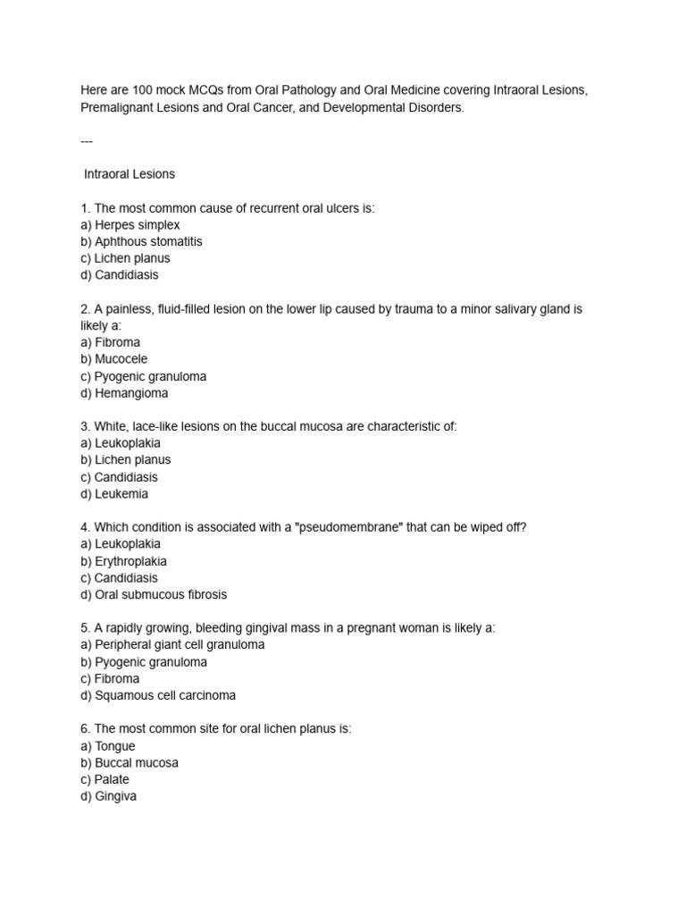 100 Oral Pathology MCQs for Students | PDF | Human Tooth | Dental Anatomy