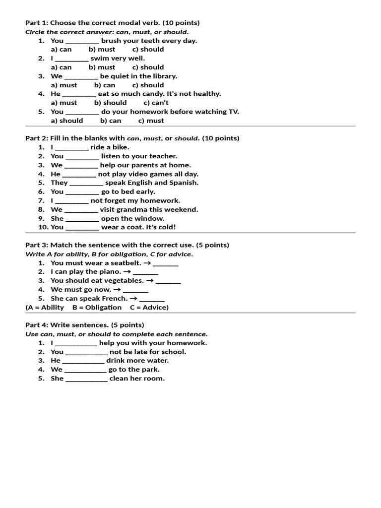 Grade 5 Modal Verbs Worksheet | PDF
