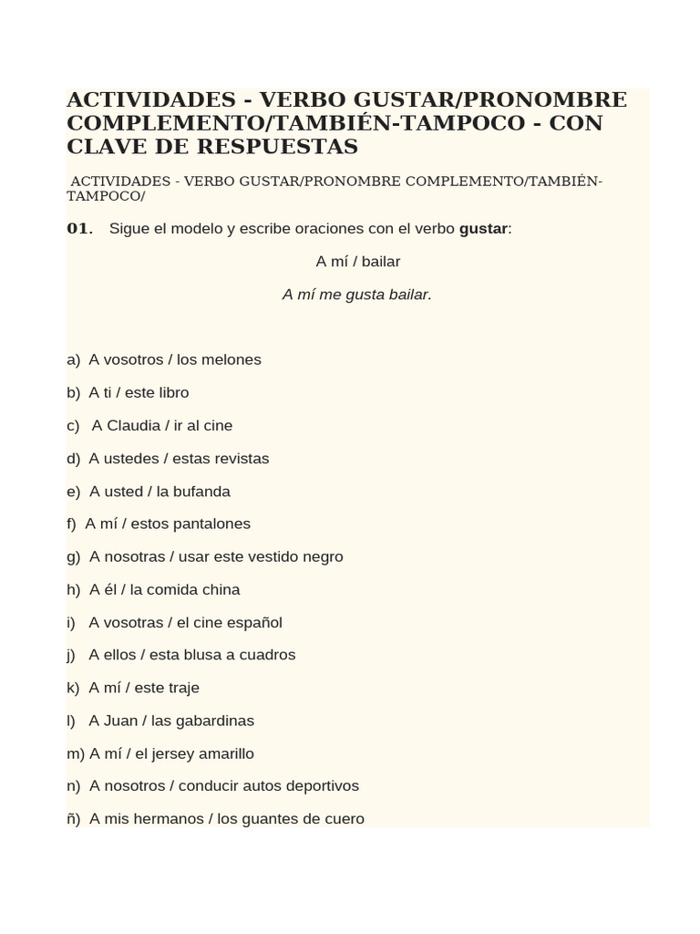 Actividades sobre el verbo gustar y pronombres | PDF | Verano ...