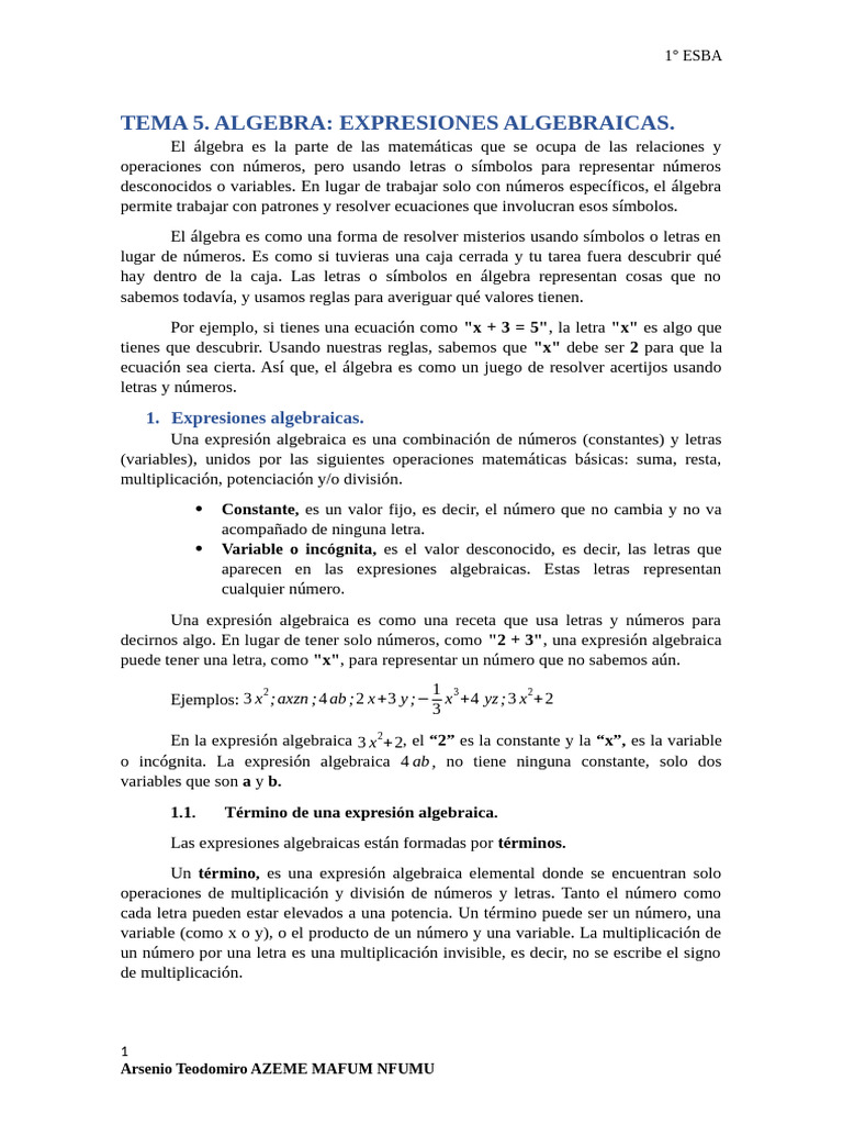 Expresiones Algebraicas 1ro Esba | PDF | Álgebra | Variable (Matemáticas)