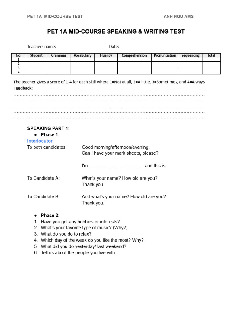 PET 1A.mid-course Speaking Test-trang - Copy | PDF