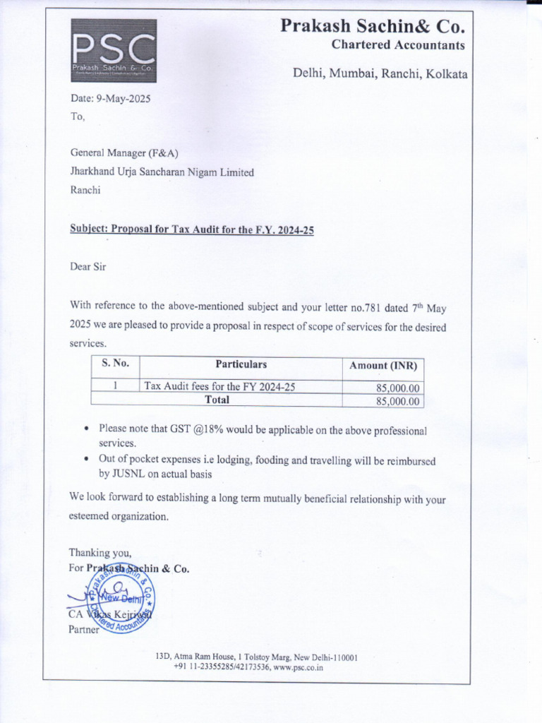 Quotation Tax Audit FY 24-25 JUSNL | PDF