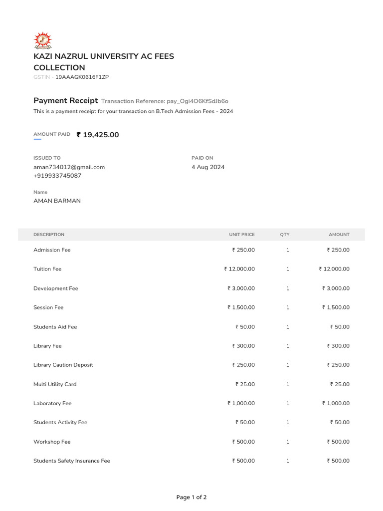 Kazi Nazrul University B.Tech Fees Receipt | PDF