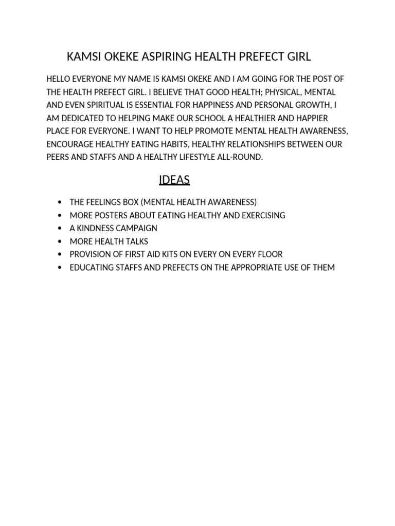 Kamsi Okeke's Health Prefect Manifesto | PDF