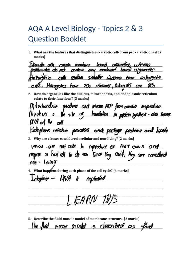 AQA A Level Biology Topic 2 Questions | PDF | Cell (Biology) | Cell ...