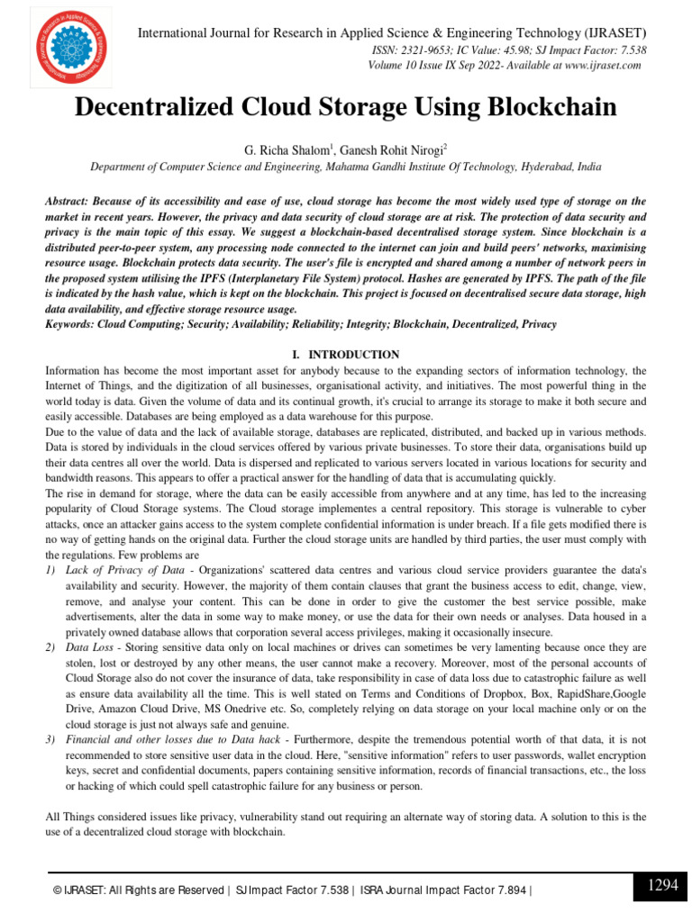 Decentralized Cloud Storage Using Blockc | PDF | Peer To Peer | Cloud Computing