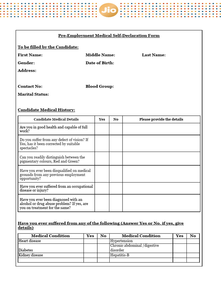Pre-Employment Medical Self-Declaration | PDF | Chronic Condition ...