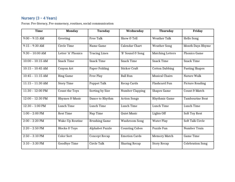 Weekly Nursery Class Timetable | PDF