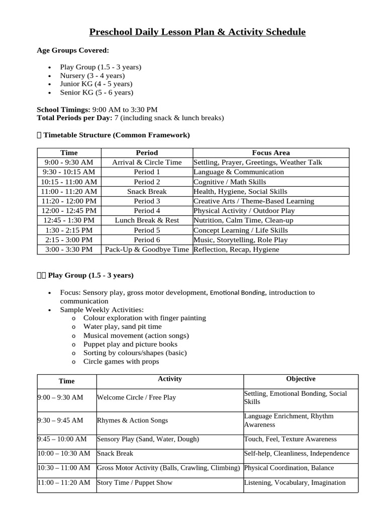 Preschool Daily Lesson Plan Overview | PDF | Phonics | Cognitive Psychology
