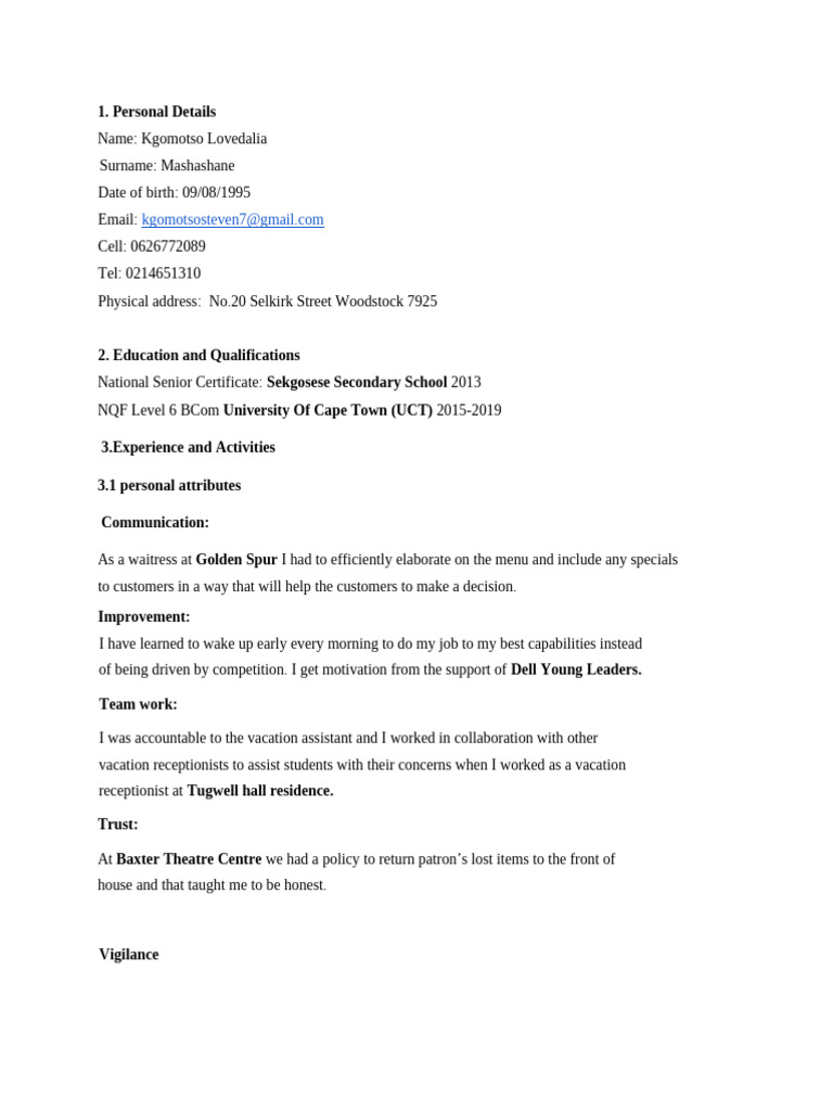 CurriculumVitaeAKL Mashashane | PDF