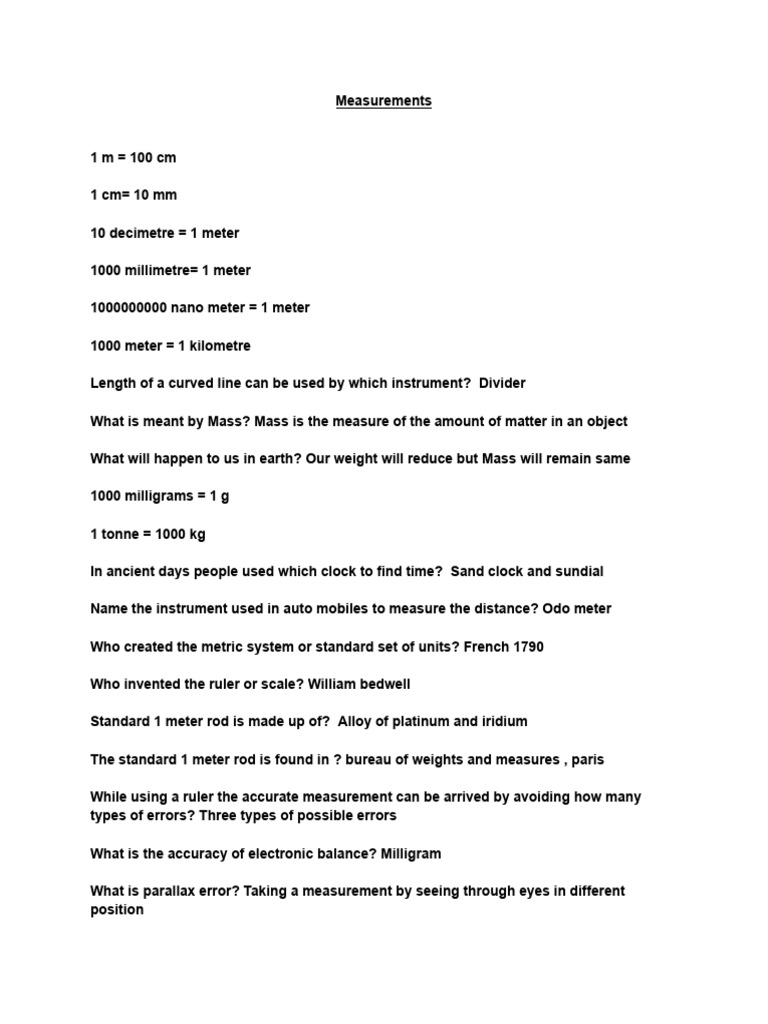 Measurements Sixth Standard | PDF
