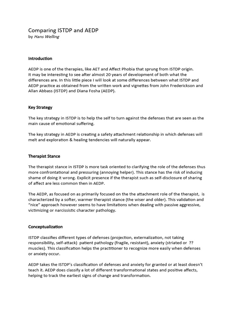 Comparing ISTDP and AEDP | PDF | Psychotherapy | Attachment Theory