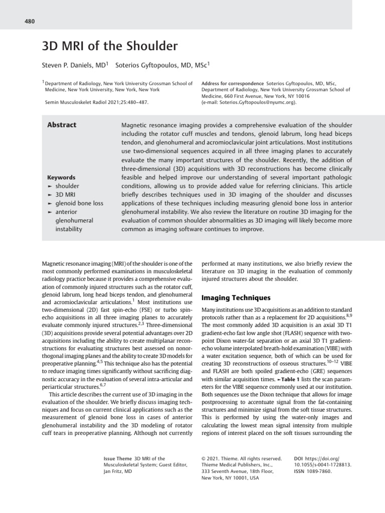 3D MRI Techniques for Shoulder Evaluation | PDF | Shoulder | Magnetic ...
