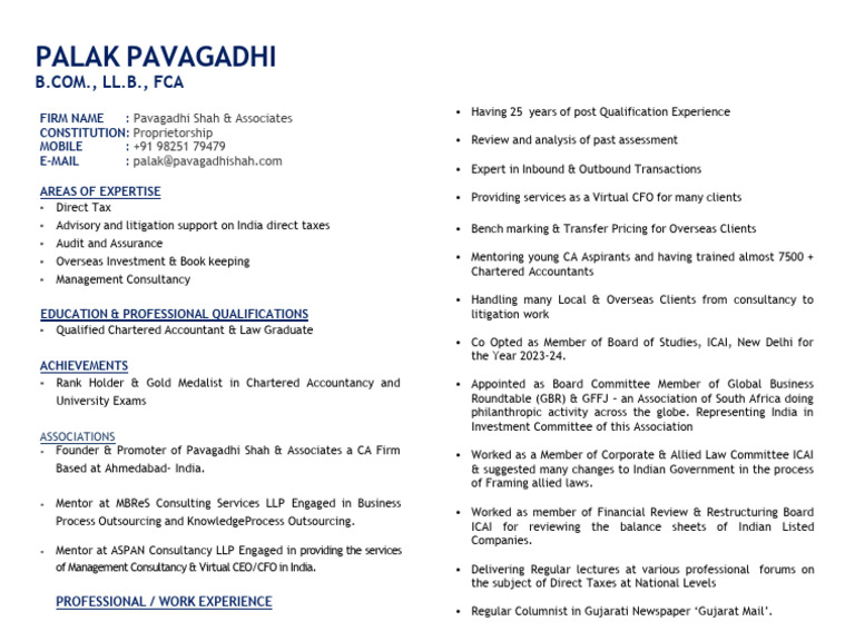 CA Palak Pavagadhi-Profile | PDF | Corporations | Accounting