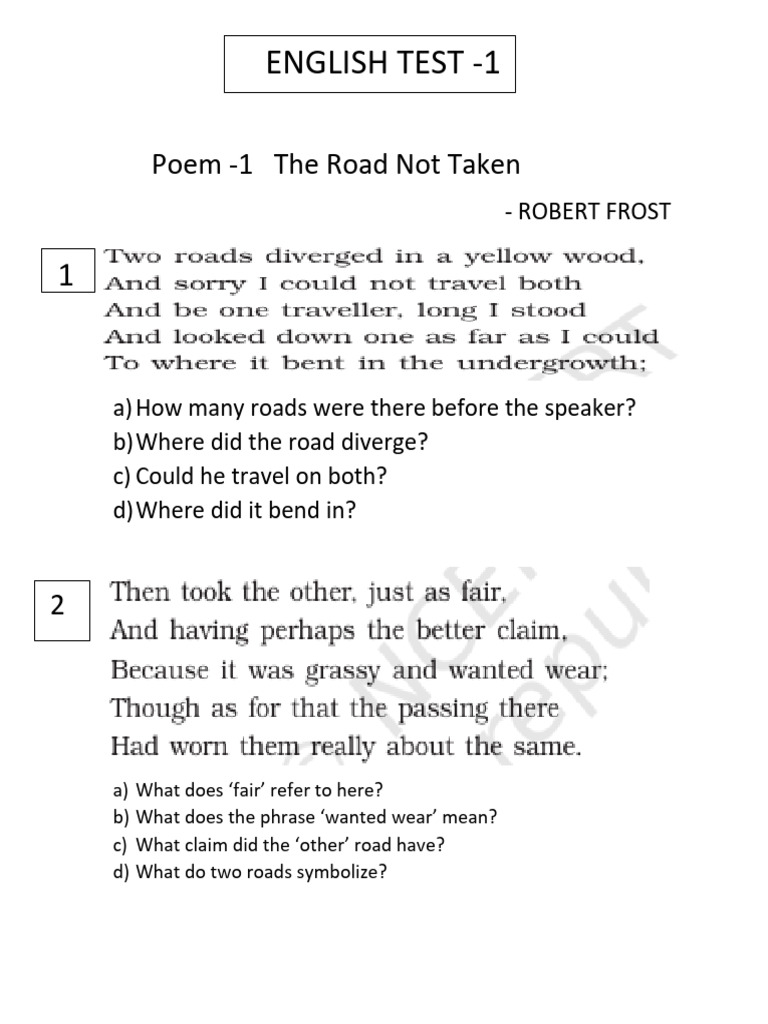 Eng Poem 1 Test Road Not Taken Eng | PDF