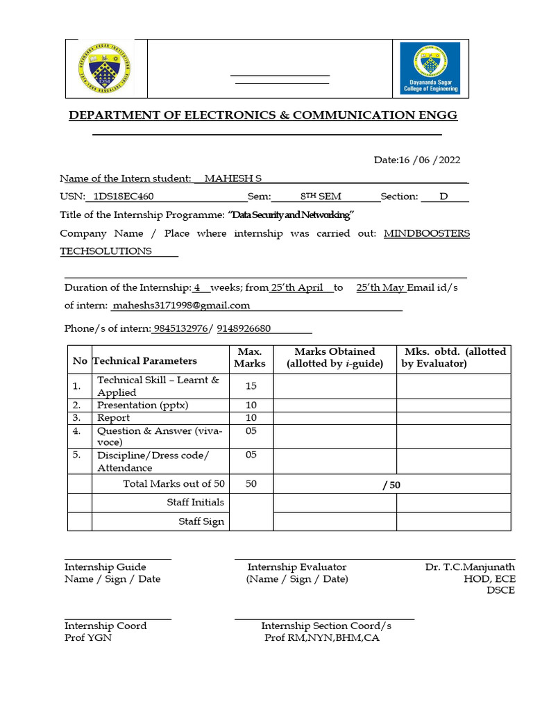Internship Evaluation Sheet | PDF