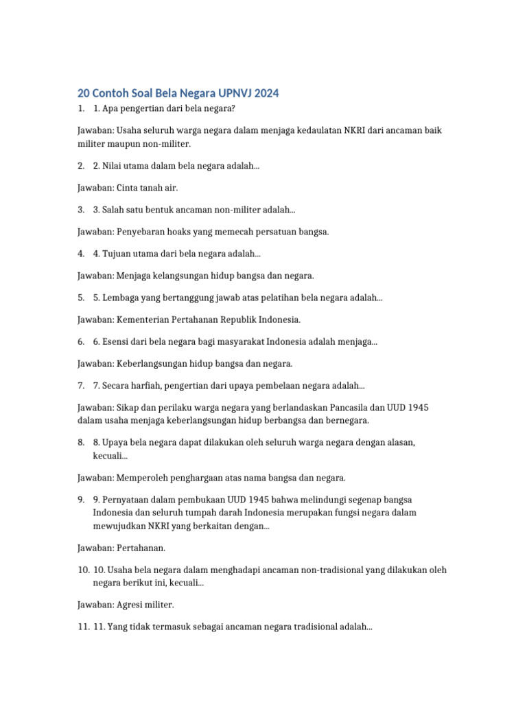 Soal Bela Negara UPNVJ 2024 | PDF