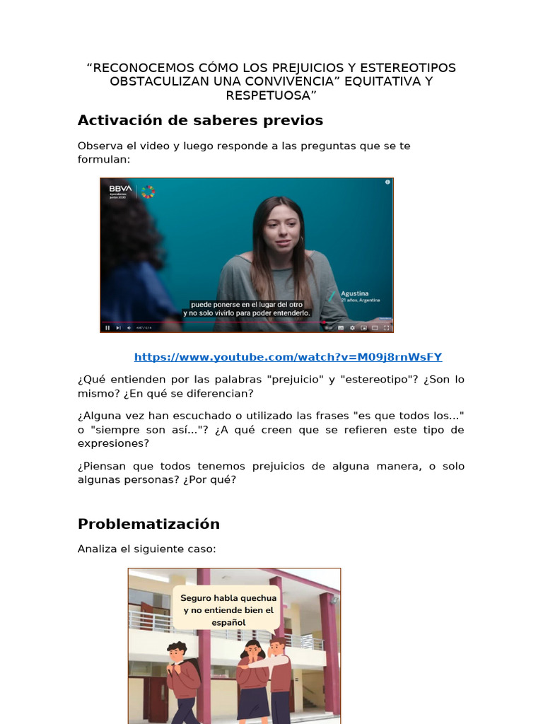 Ficha de Aprendizaje 2, Unidad 2, Segundos, DPCC, Cecat. | PDF | Estereotipos | Prejuicios