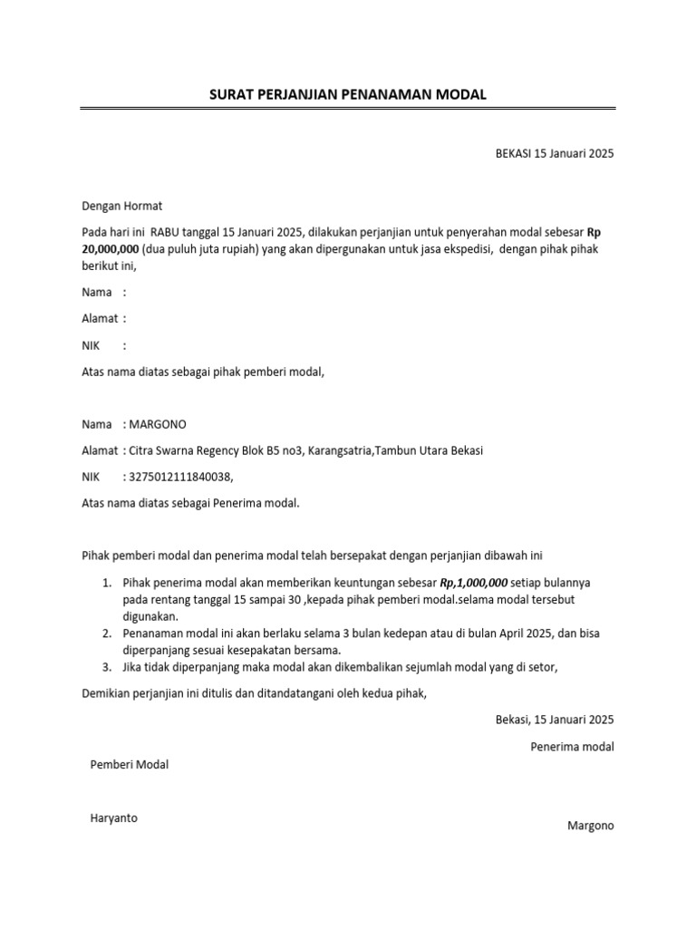 Surat Perjanjian Penanaman Modal | PDF