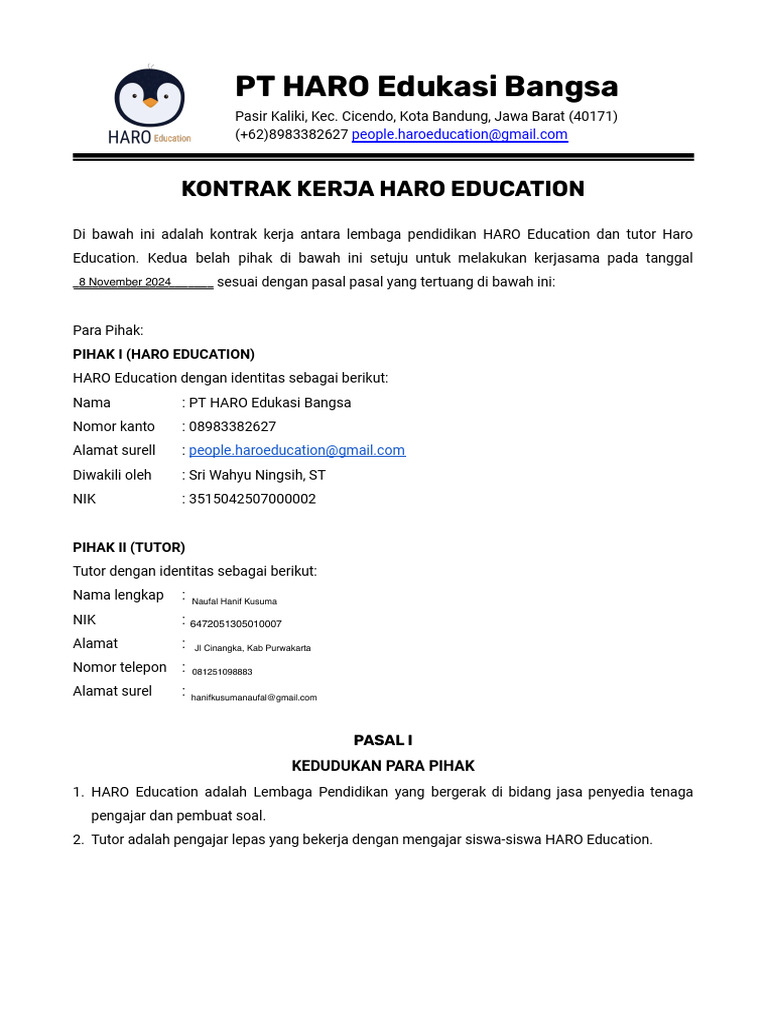 Kontrak Kerja - Naufal Hanif Kusuma | PDF
