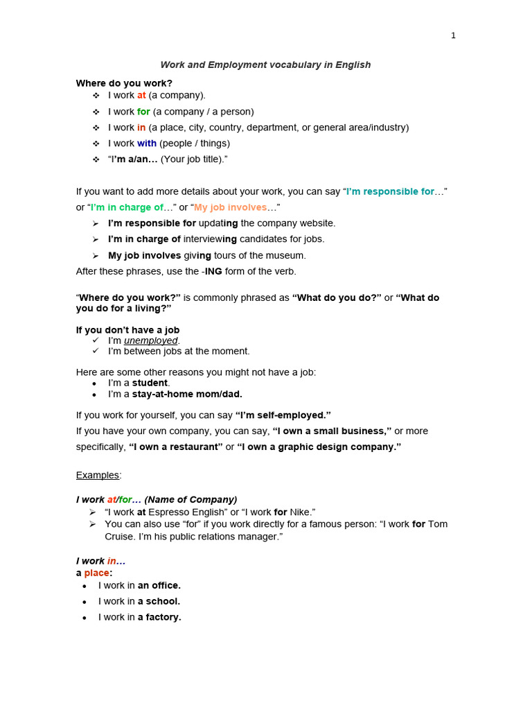 Work Employment Vocabulary Class | PDF | Employment | Business