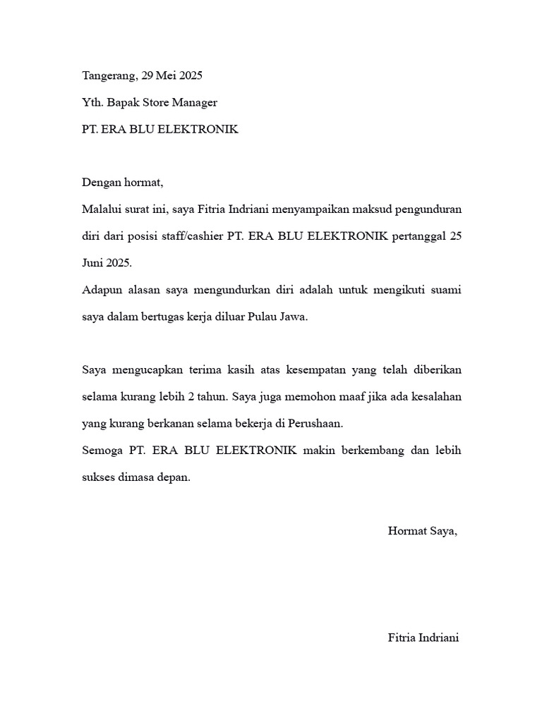 Pengunduran Diri Fitria Indriani | PDF