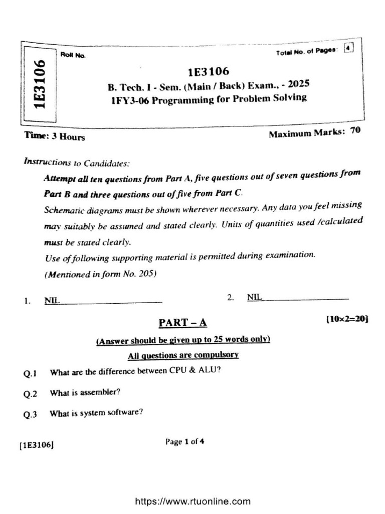 Btech 1 Sem Programming For Problem Solving 1e3106 2025 2 Conv | PDF