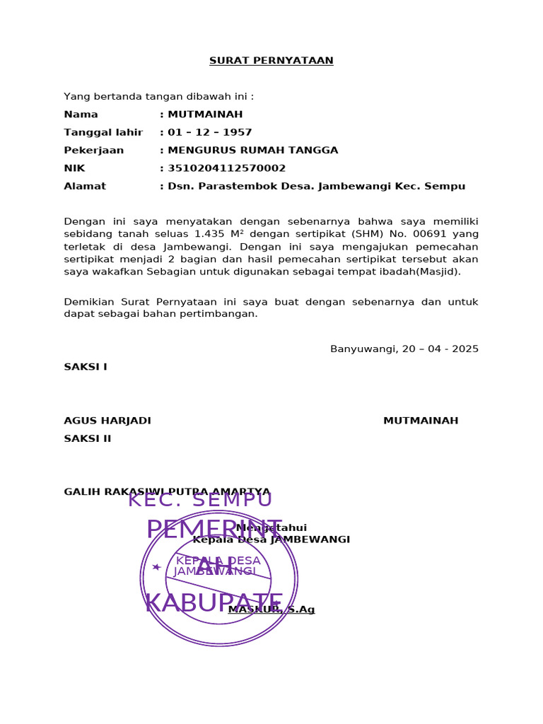 Surat Pernyataan Pemecahan Mutmainah | PDF
