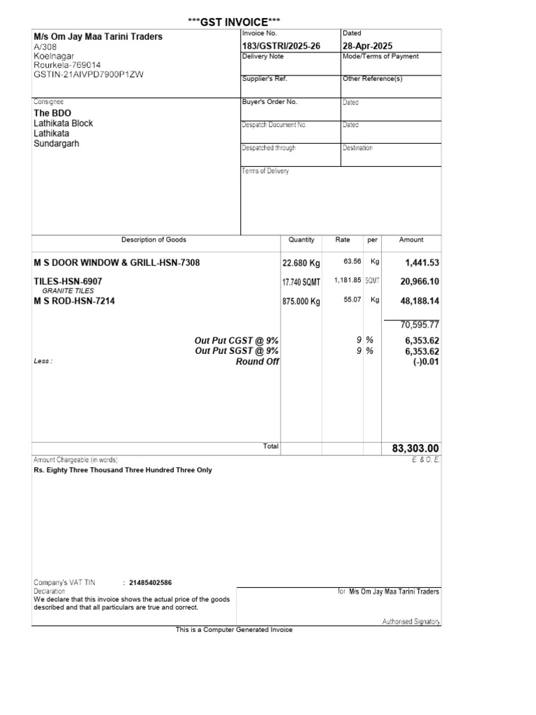 GST INVOICE : Lathikata Block Lathikata Sundargarh | PDF