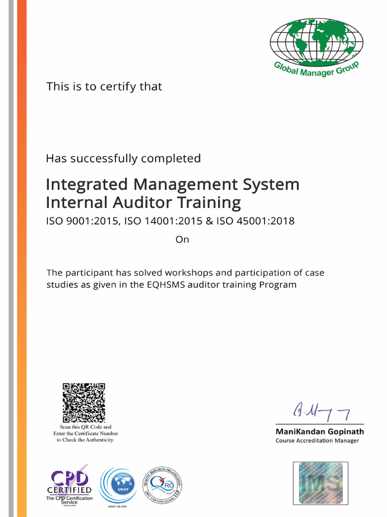 Internal Auditor Training Certificate | PDF