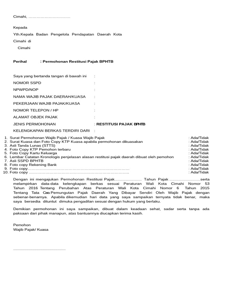 Form Restitusi Pajak BPHTB | PDF