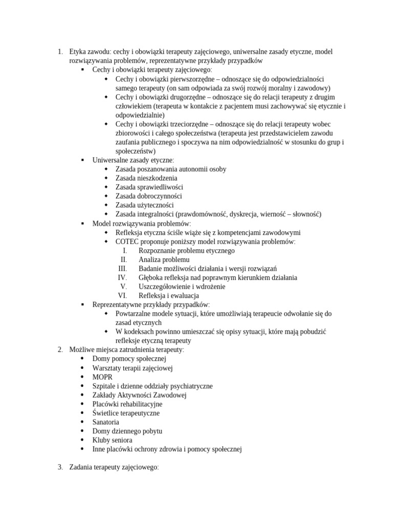 Egzamin Podstawy Terapii Zajęciowej | PDF