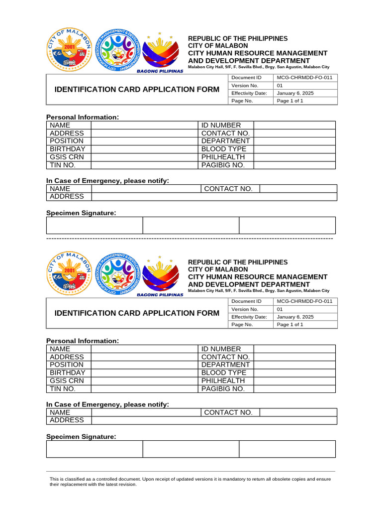 011 Identification Card Application Form | PDF | Identity Document ...