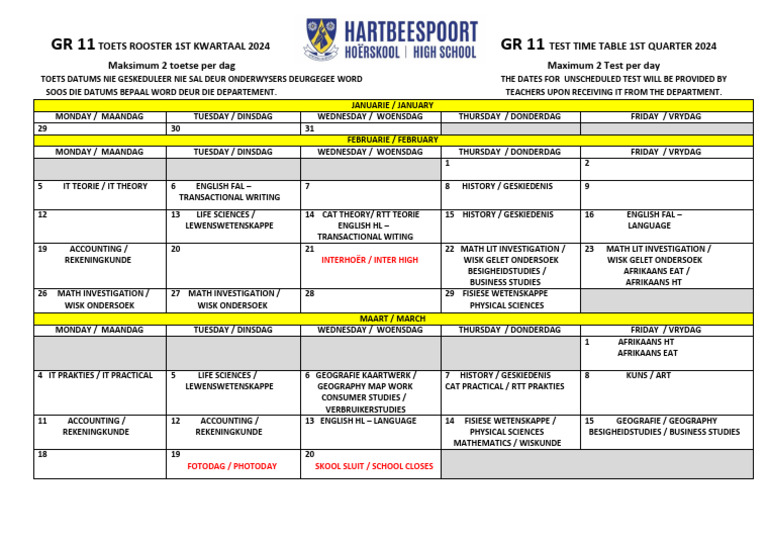 GR 11 Test Time Table 1st Term 2024 | PDF