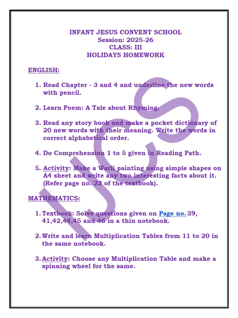 Diwali Homework for Class III Students | PDF