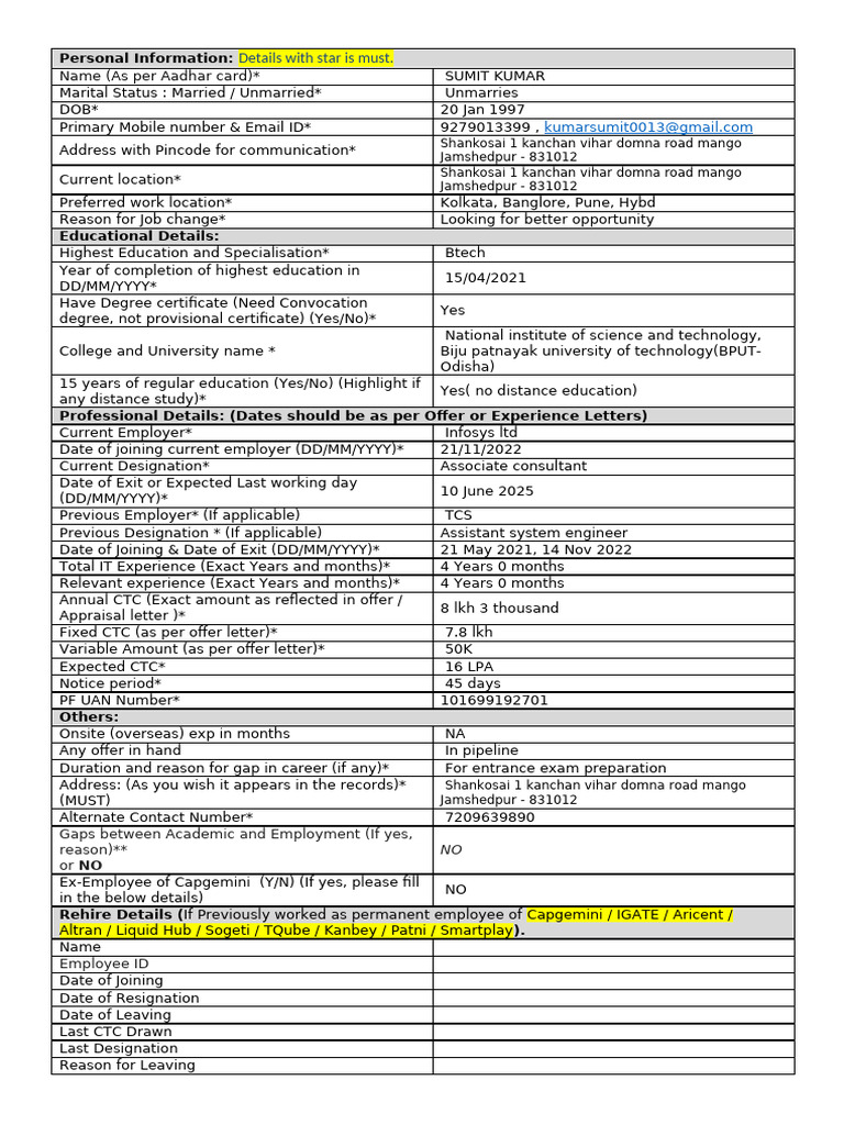 Personal Information Submission Form | PDF | Government And Personhood ...