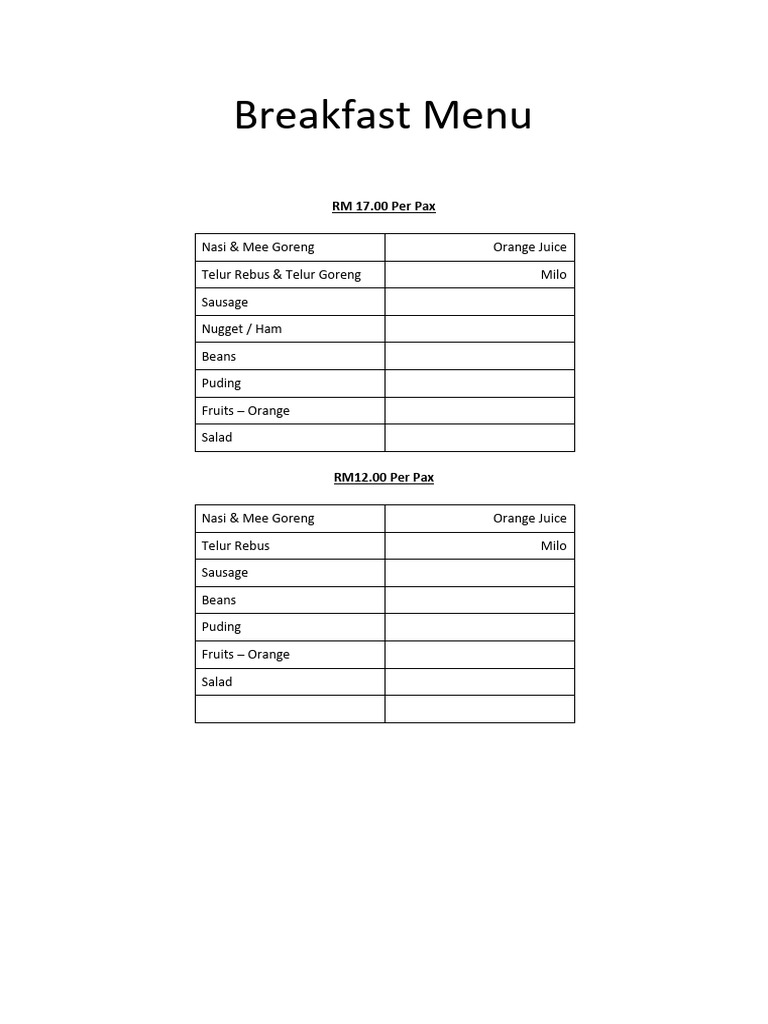 Breakfast Menu Options and Pricing | PDF