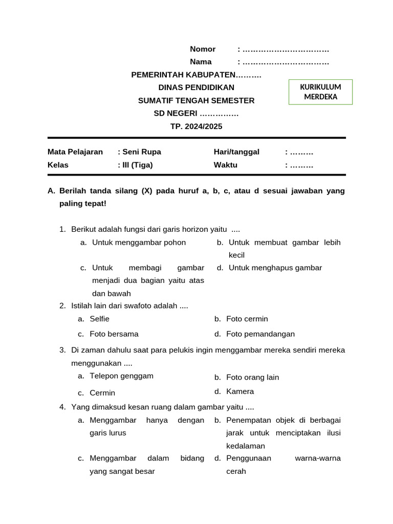 Naskah Soal SAT Seni Rupa Kls 3 | PDF