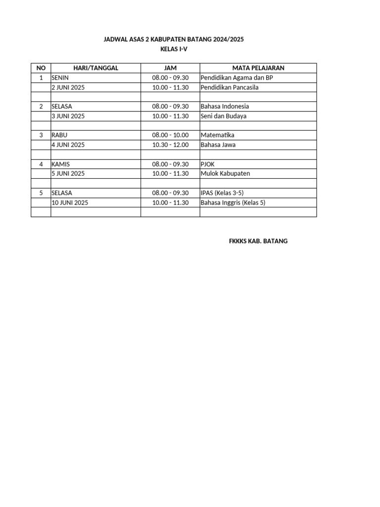 Jadwal - Asas 2 - 2024-2025 - Ok | PDF